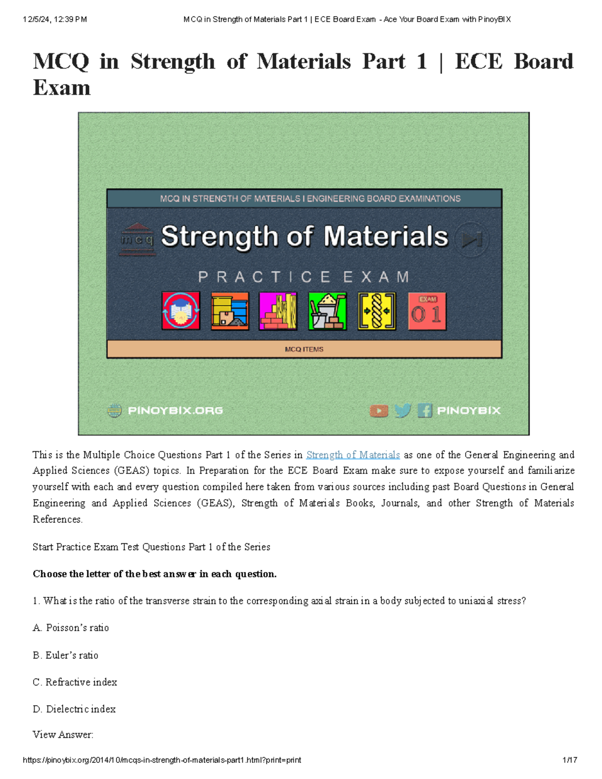 MCQ Series - Strength of Materials (Part 1) for ECE Board Exam - Studocu