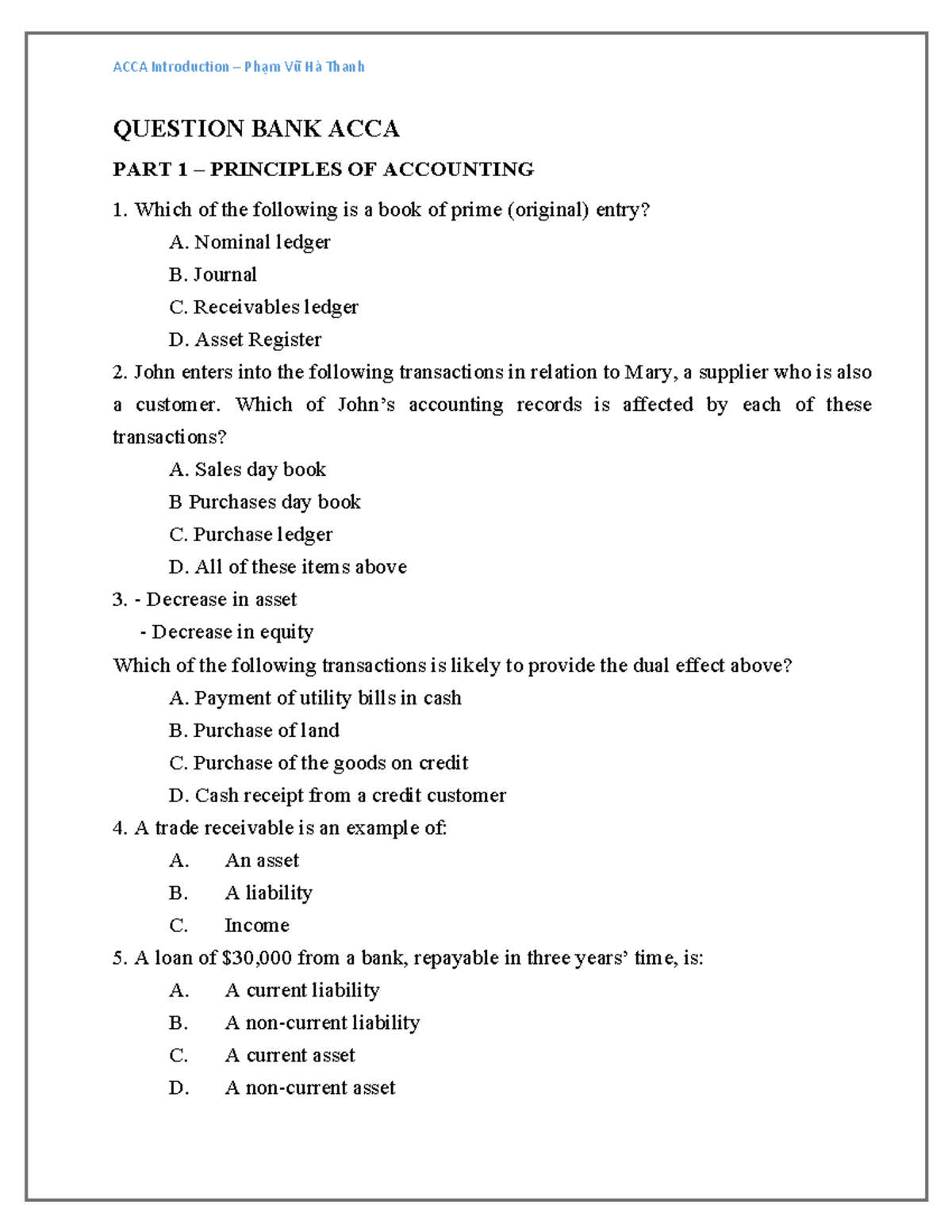 ACCA Question Bank: Principles of Accounting for Exam Prep - Studocu