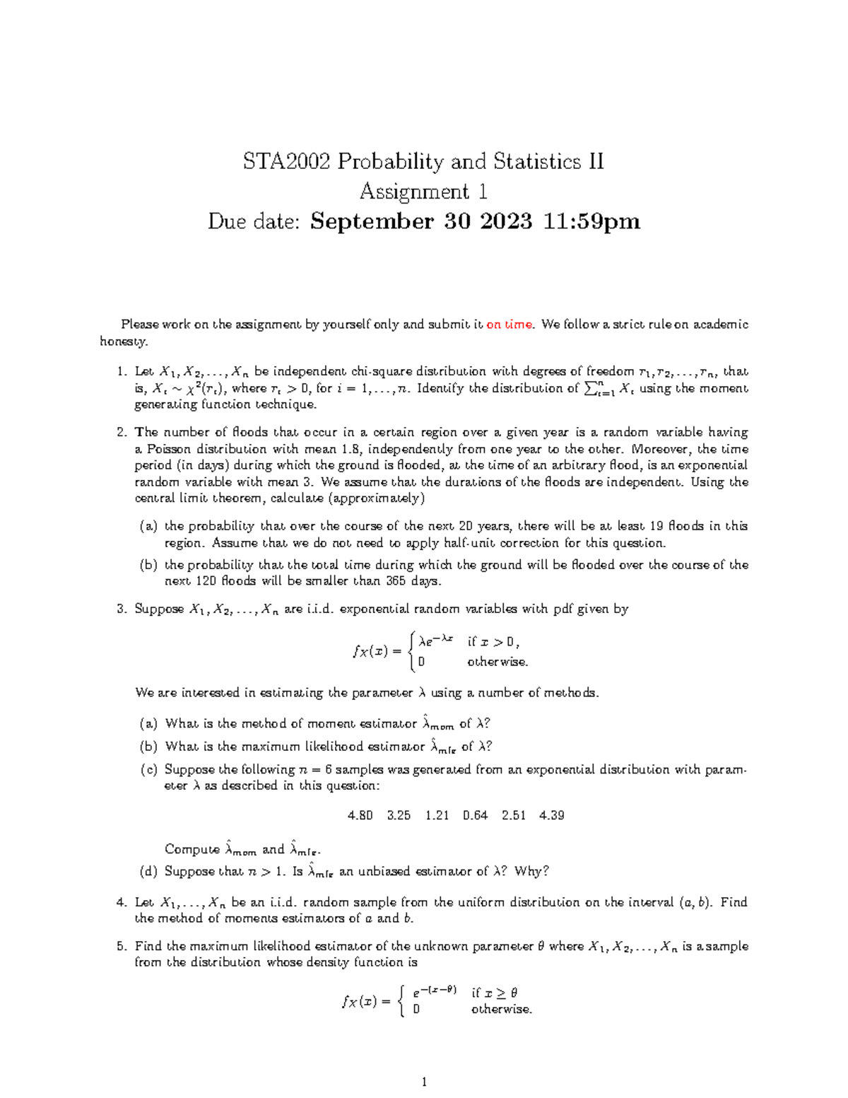 Assignment 1 Overview and Solutions for STA2002 Probability & Stats II ...