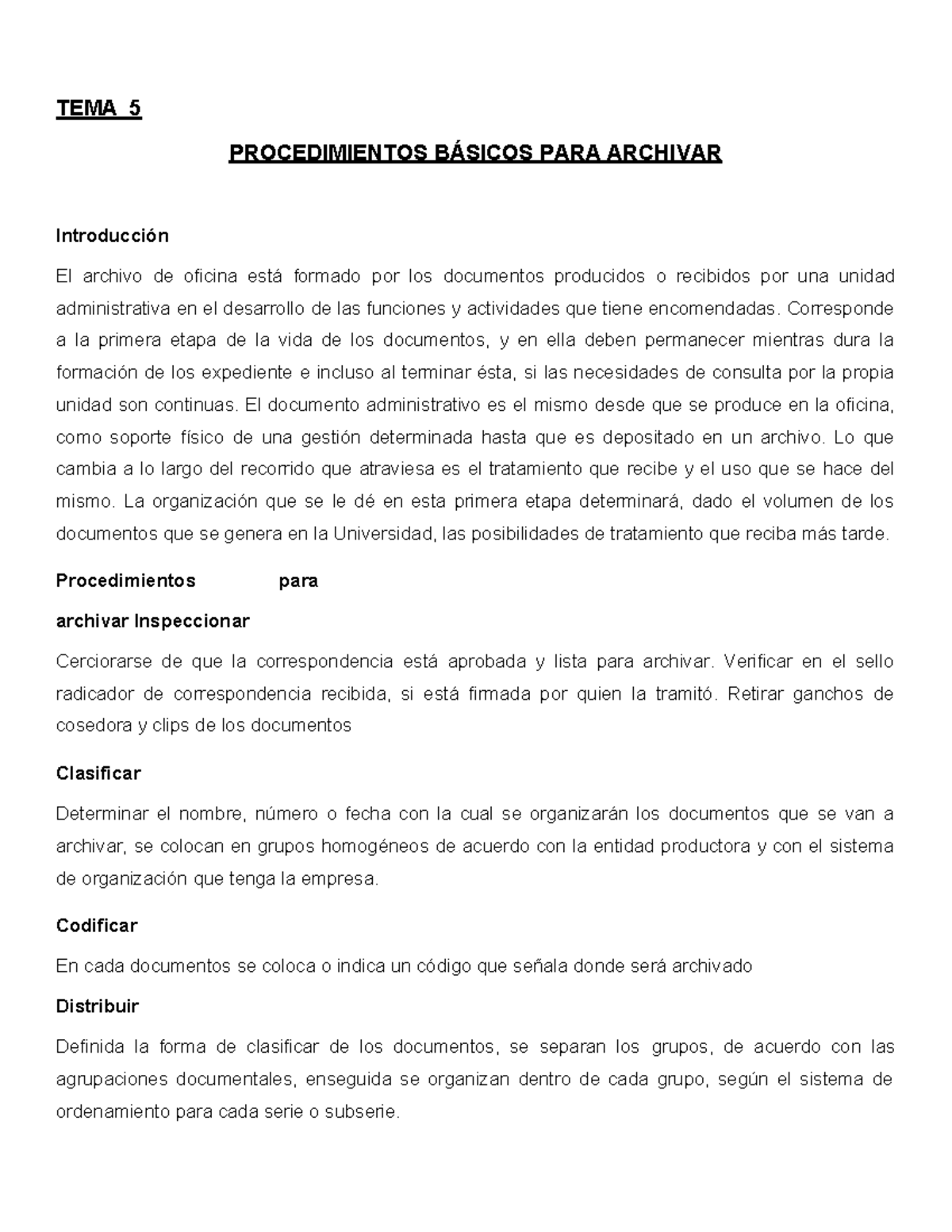 Tema 5 - Procedimientos Básicos para Archivar Documentos Admin. - Studocu