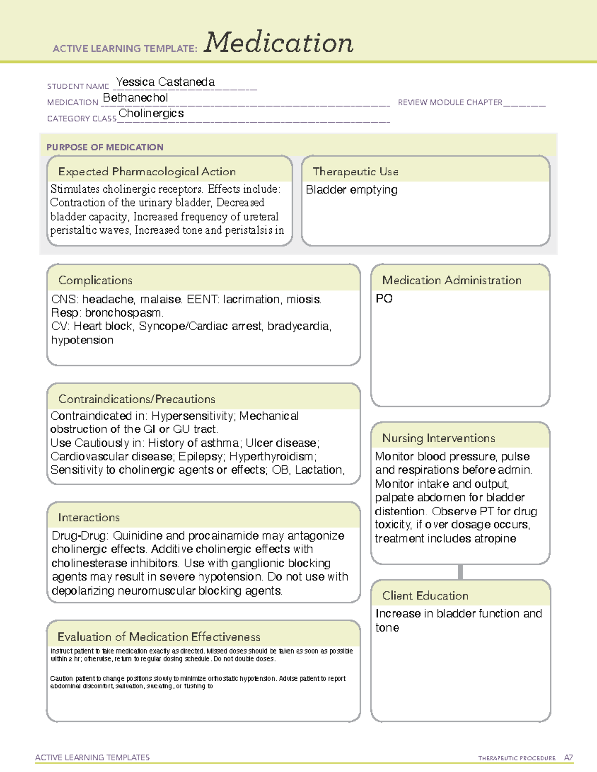 Bethanechol (Cholinergic) - Active Learning Template Overview - Studocu