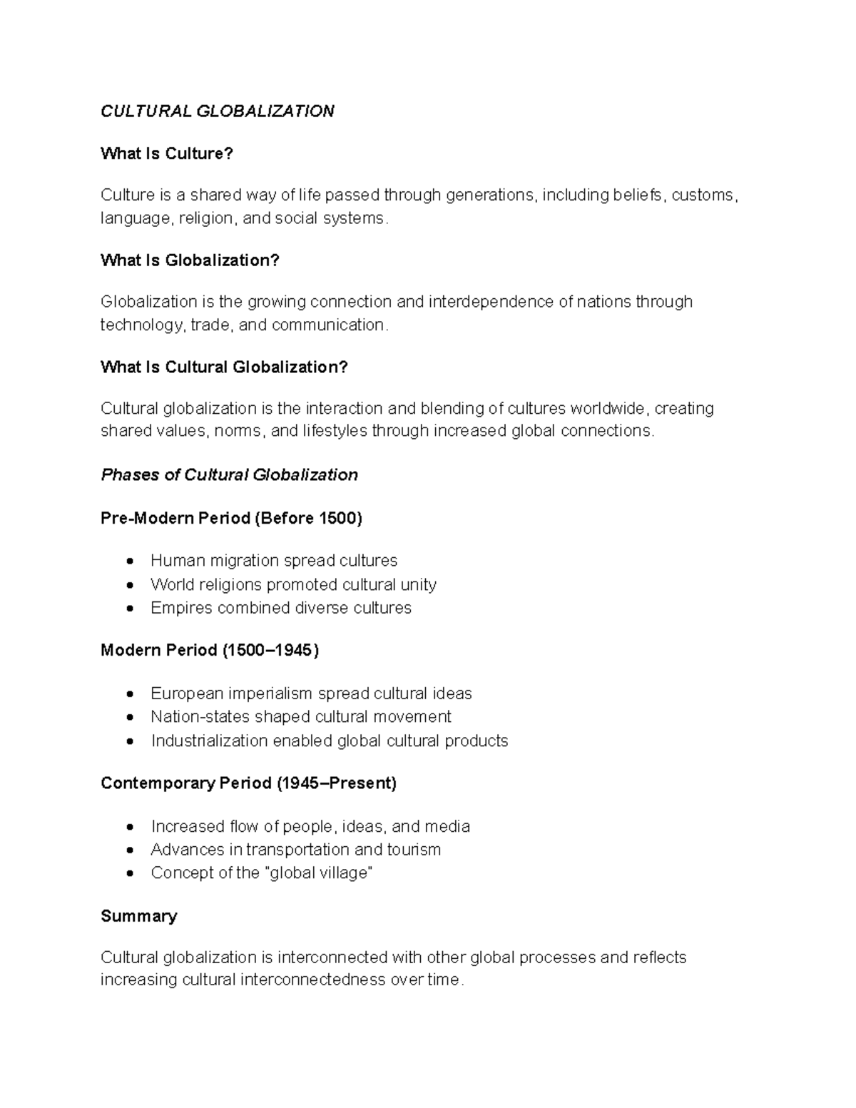 CULTURAL GLOBALIZATION: Understanding Its Phases and Impact - Studocu