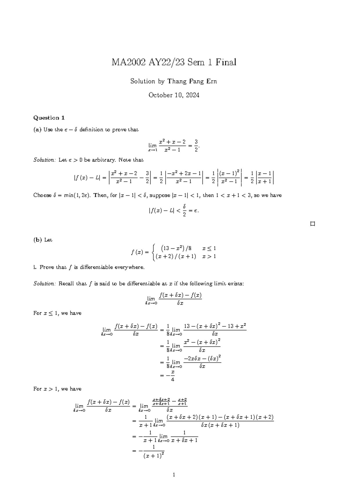 MA2002 Sem 1 Final Exam Solutions - Thang Pang Ern - Studocu