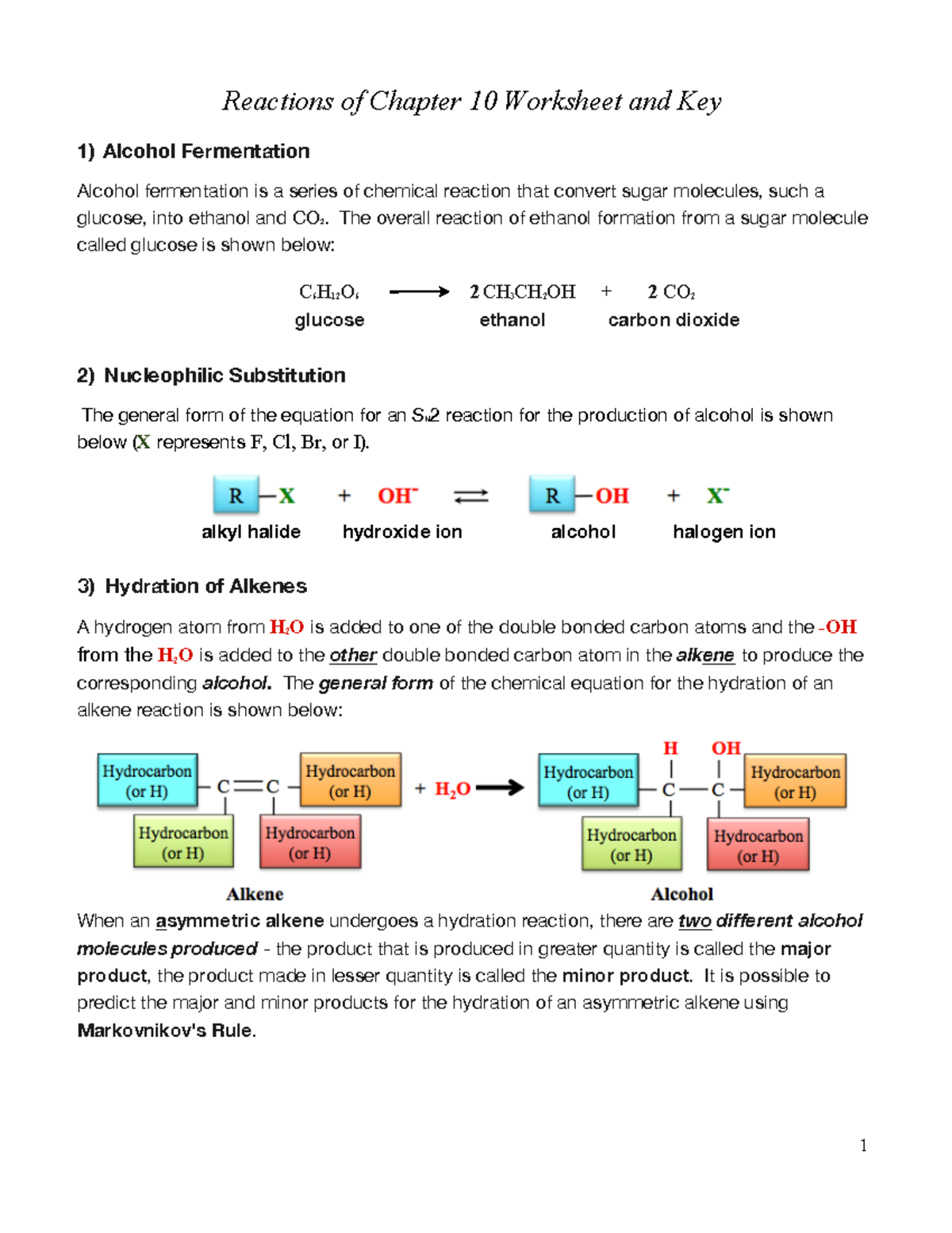 Alcohol Worksheet(reaction) - Reactions of Chapter 10 Worksheet and Key ...