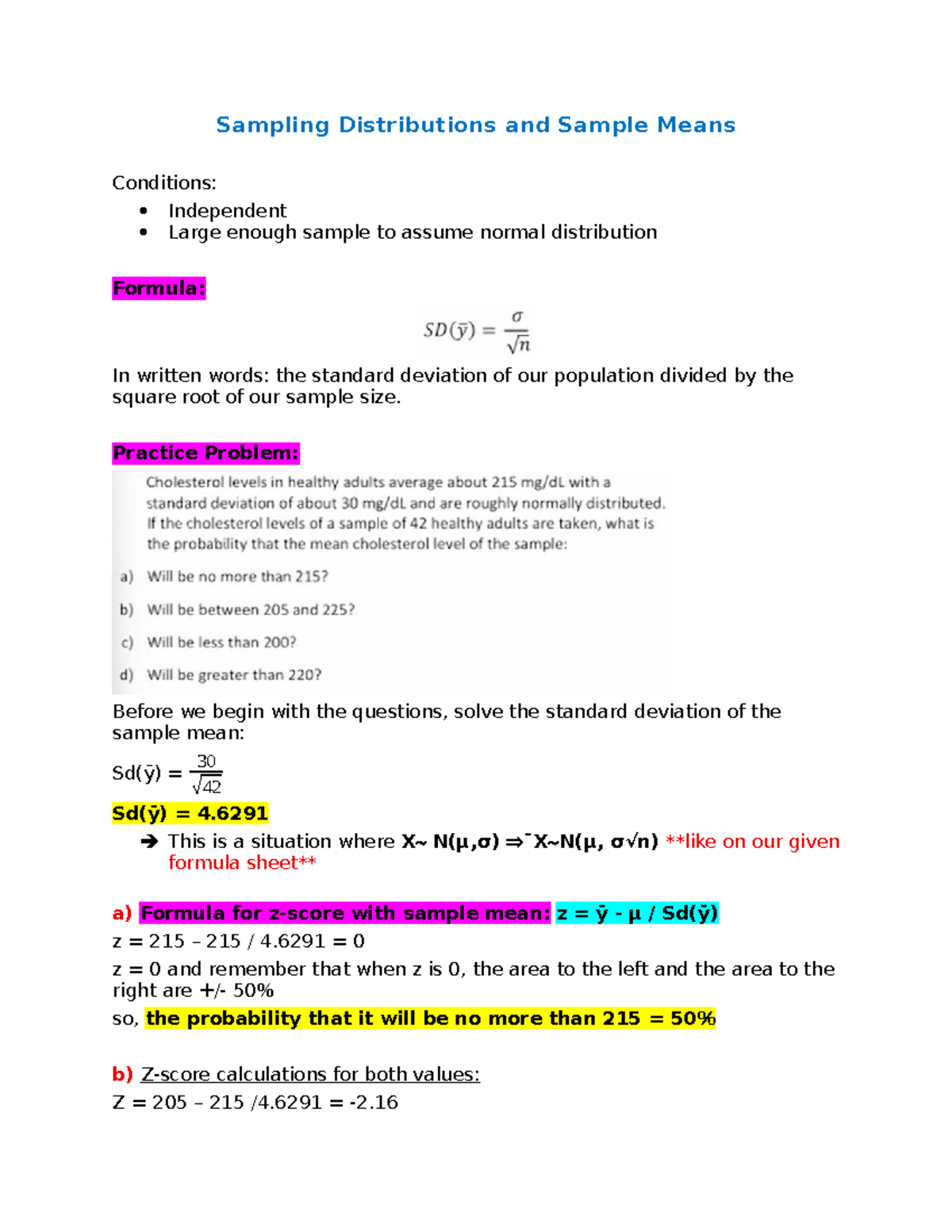 Sampling Distributions & Sample Means: Conditions & Practice Problems ...