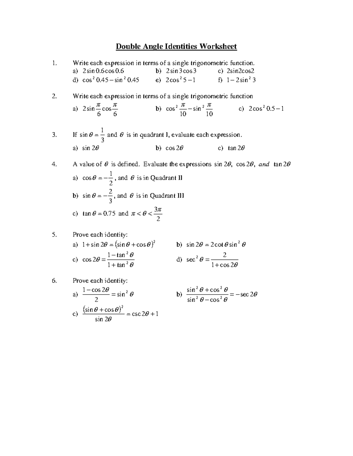 Double Angle Identities Worksheet 1: Trig Functions Simplification ...