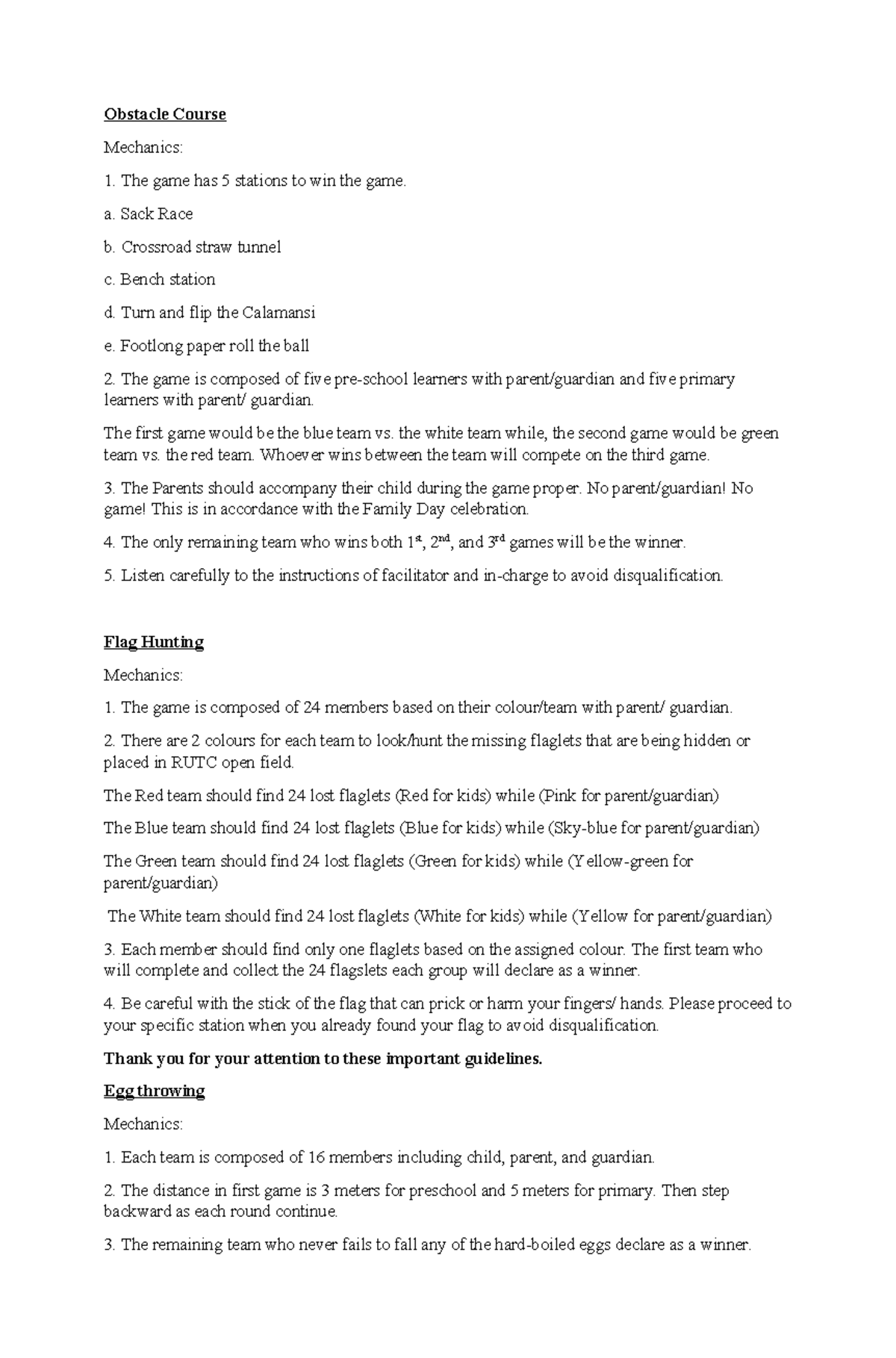 Family Day Games Mechanics: Obstacle Course, Flag Hunting & Egg ...