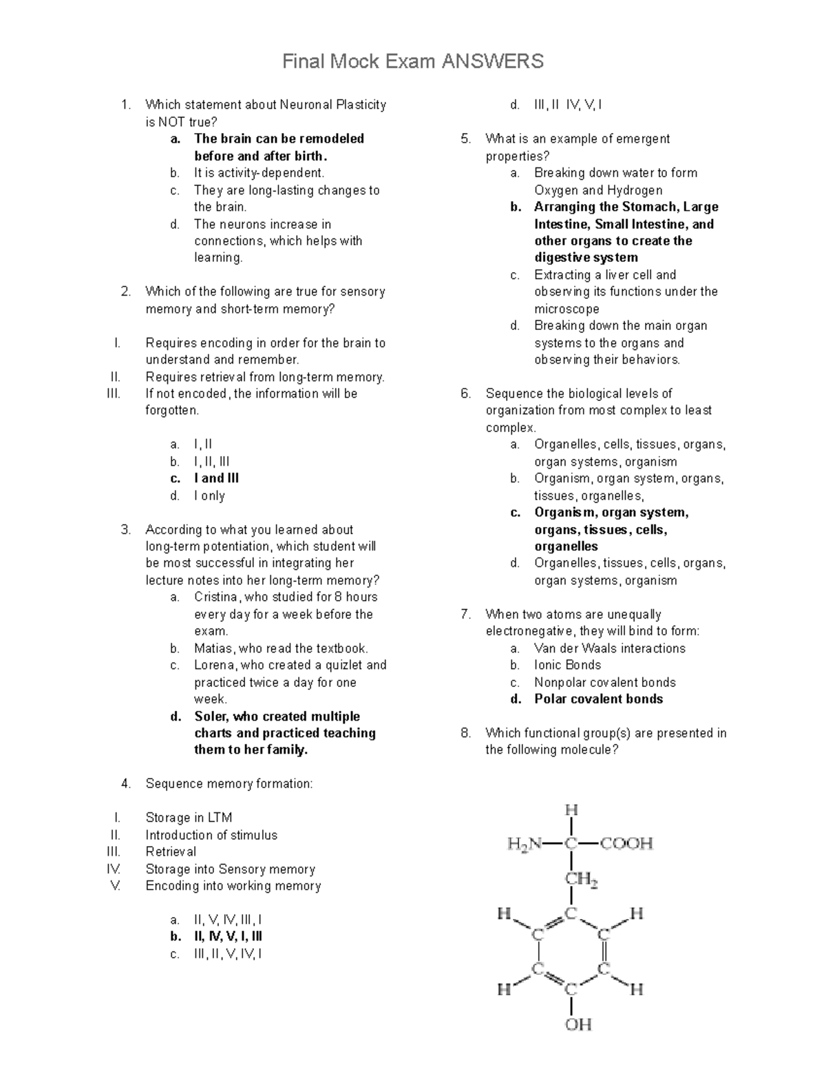Final Mock Exam Answers: Neuronal Plasticity and Memory Concepts - Studocu