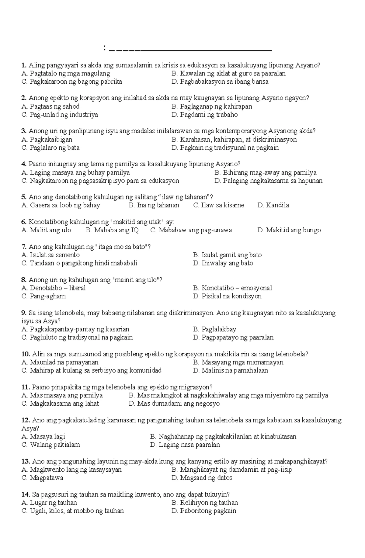 Filipino 8 Summative Assessment Q1 - Mga Sawikain at Bugtong - Studocu