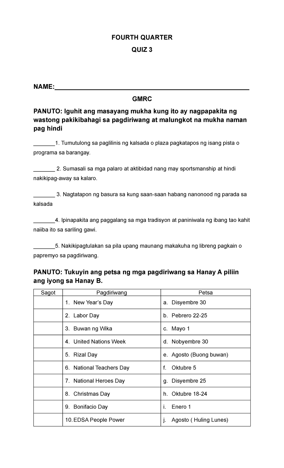 4TH QUARTER GMRC QUIZ 3 - Studocu