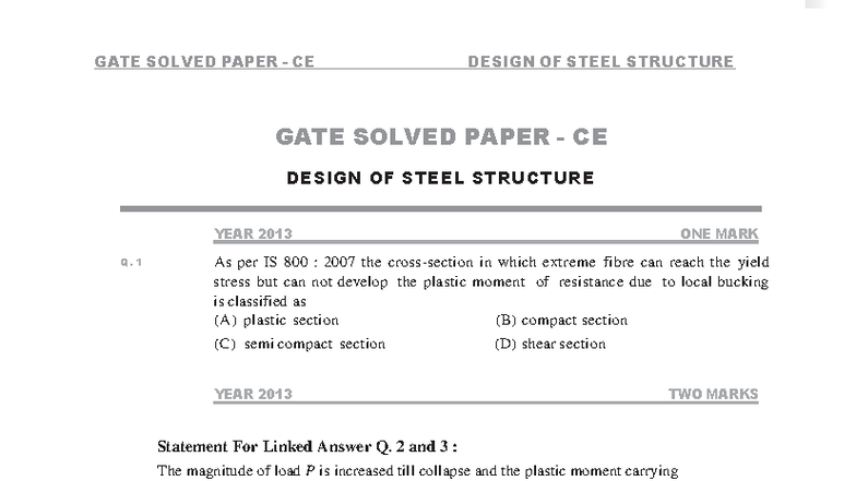 GATE SOLVED PAPER CE DESIGN OF STEEL STRUCTURE YEAR 2013-2002 - Studocu