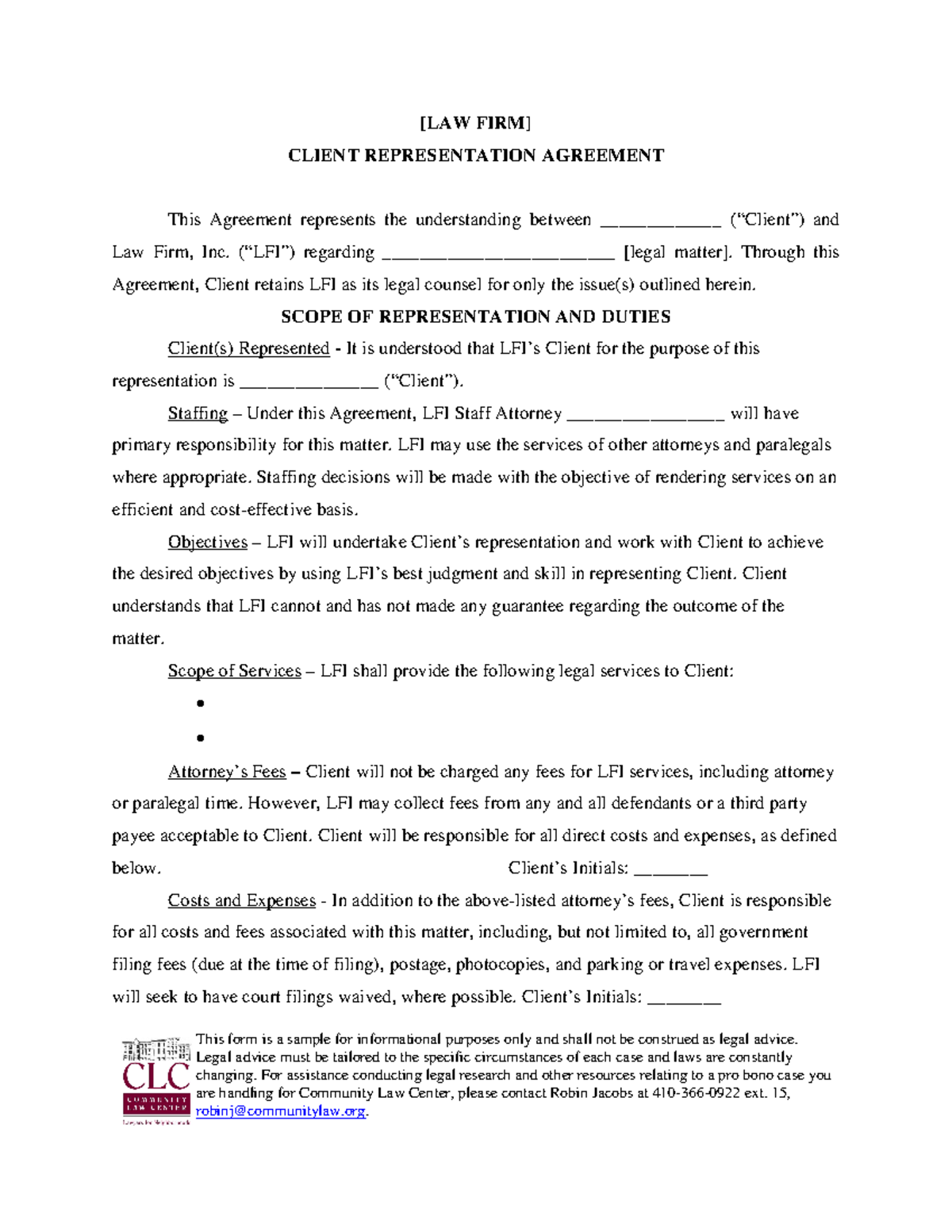 Pro Bono Retainer Agreement Sample for Community Law Center - Studocu