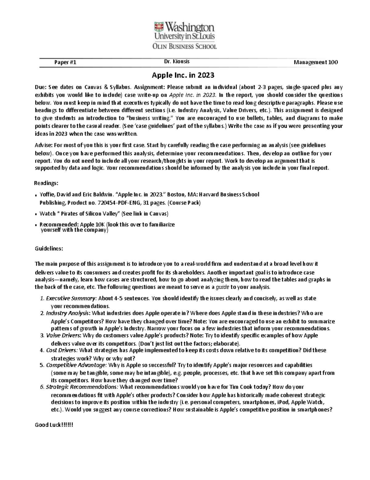 Case Study: Apple Inc. in 2023 - MGT 100 SP26 Analysis and ...