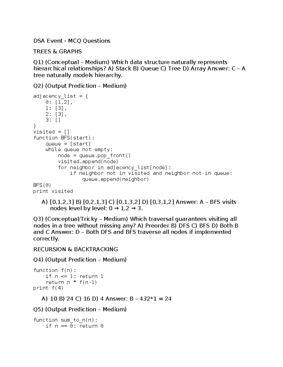 DSA MCQ Questions on Trees & Graphs (Conceptual & Output) - Studocu