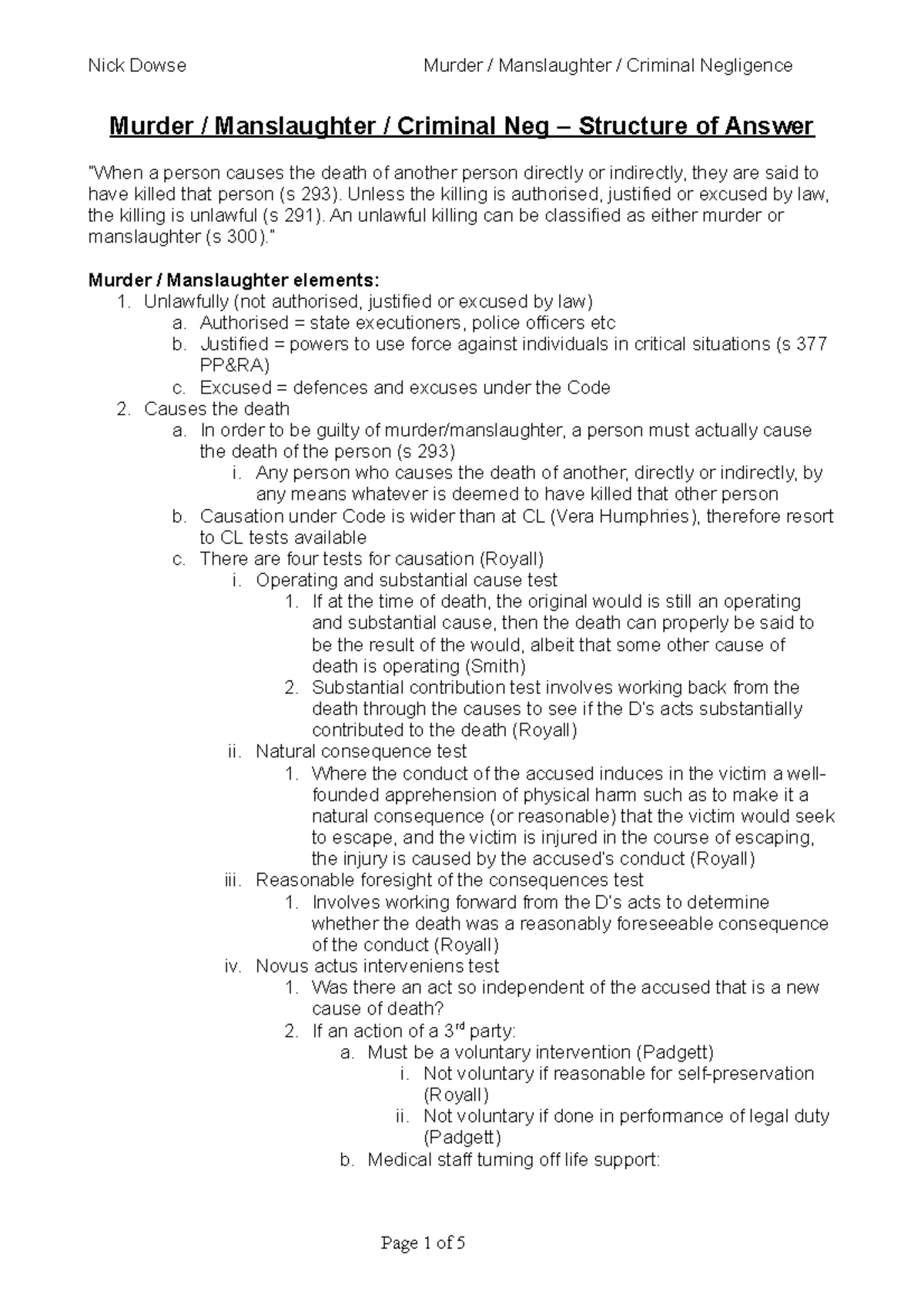 Murder & Manslaughter – Structure of Answer - Murder / Manslaughter / Criminal Neg – Structure ...