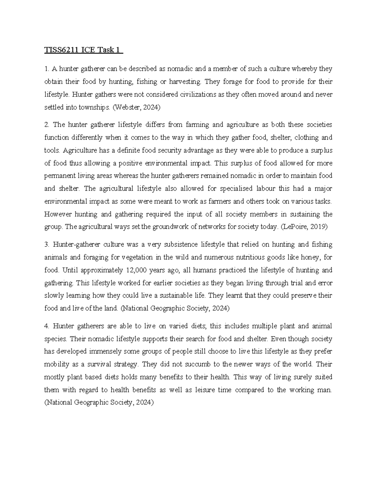 TISS6211 ICE Task 1 - Exploring Hunter-Gatherer Lifestyles and Survival ...