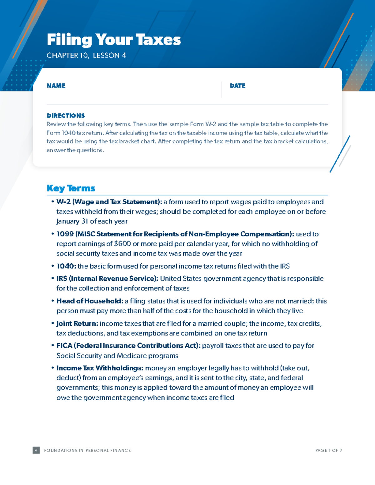 Filing Your Taxes: CH10, L04 - Key Terms and Form 1040 Overview - Studocu