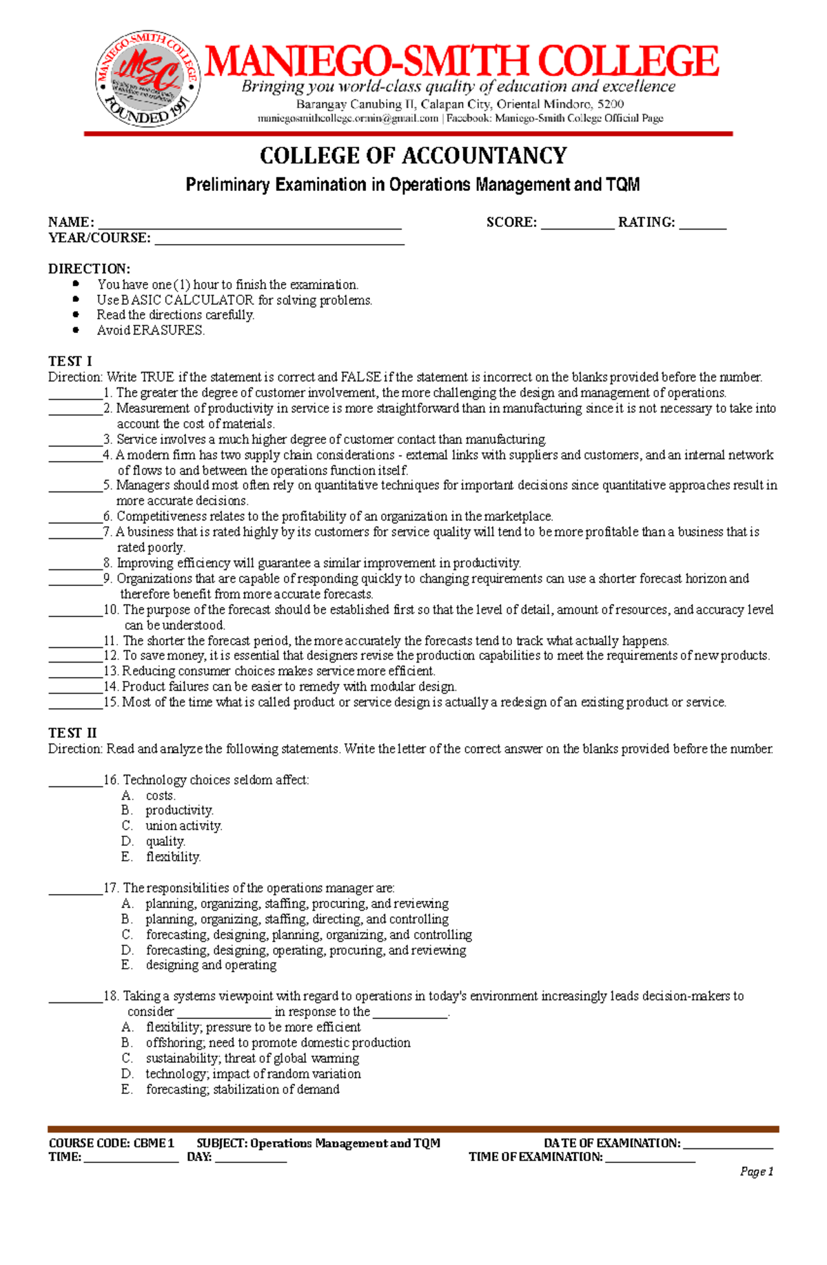 Preliminary Exam: Operations Management & TQM (CBME 1) - Studocu