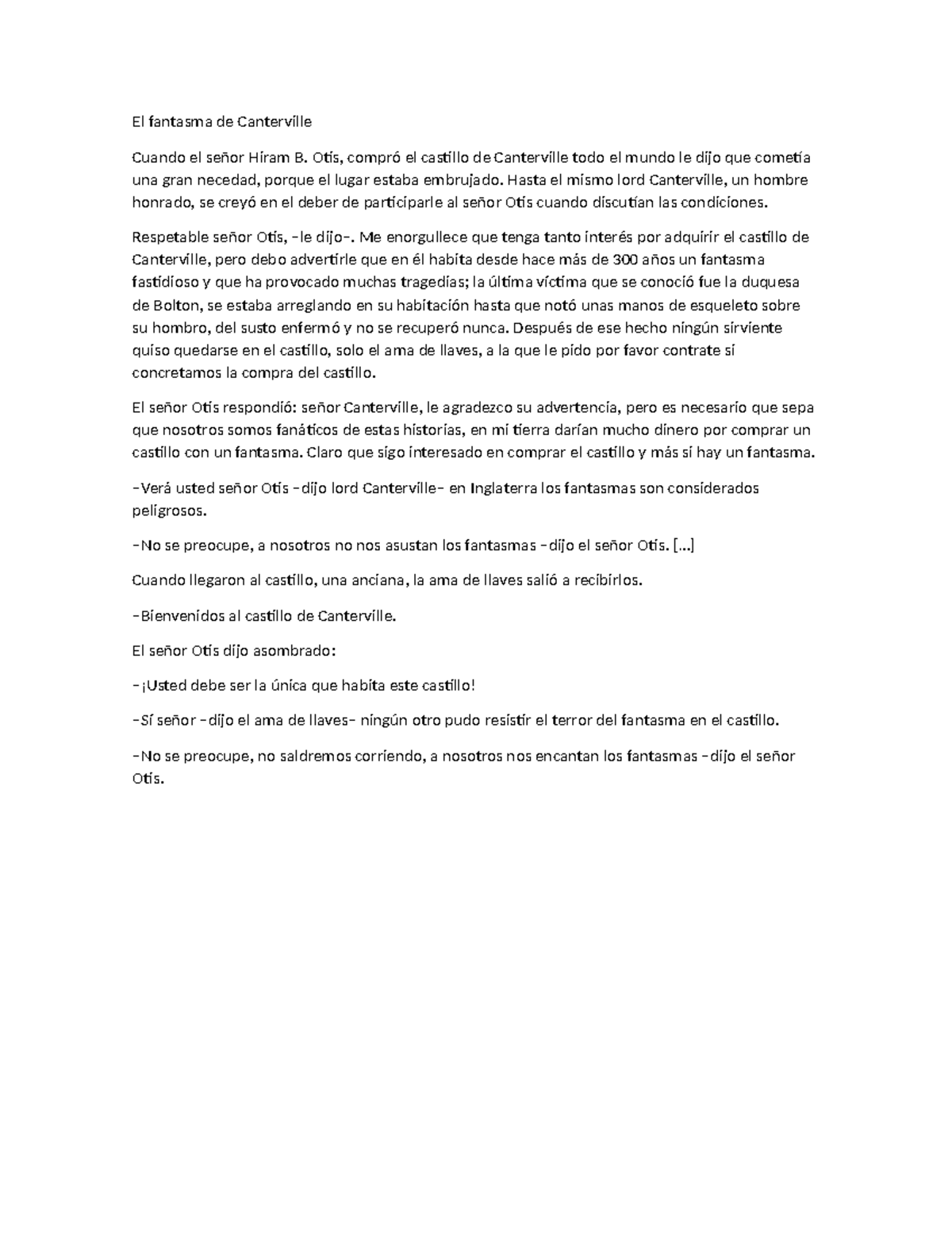 El fantasma de Canterville: Lectura para Sexto Grado - Studocu