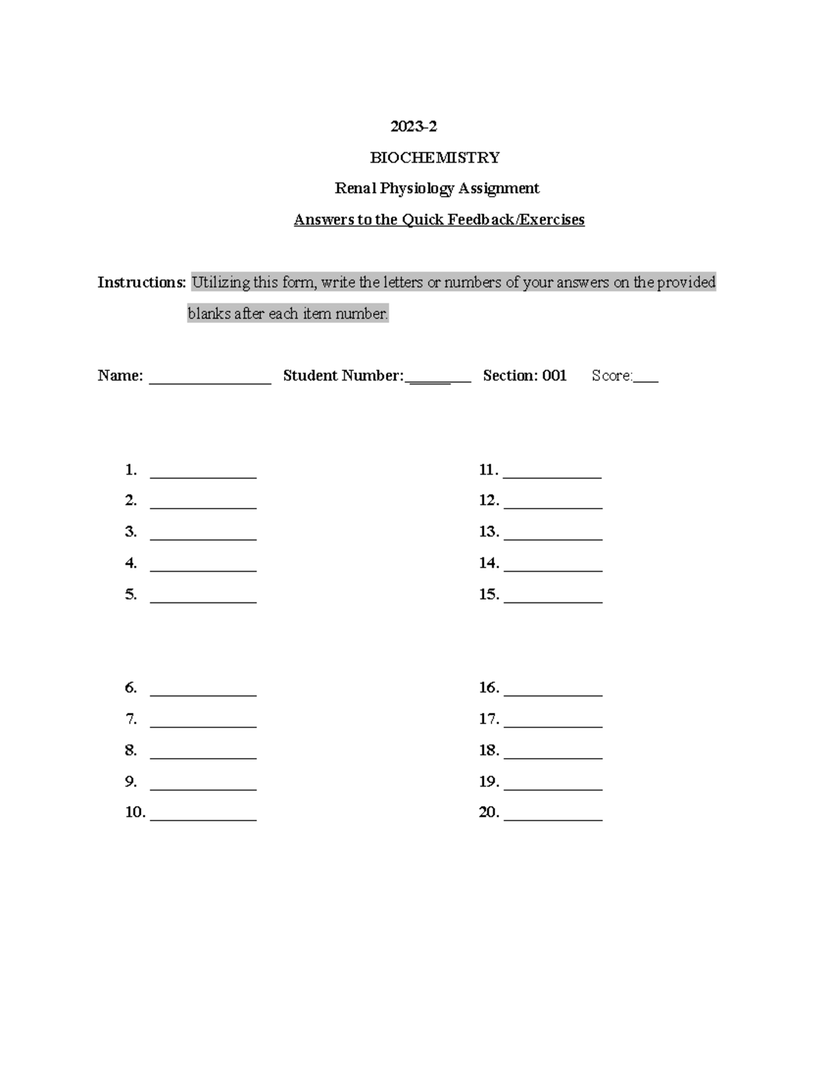 Biochemistry Renal Physiology Assignment - Answer Form - 2023 ...