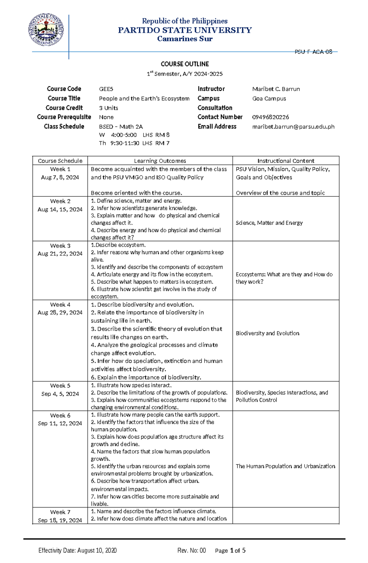 Course Outline-on-GEE5-BSED-Math-2A - PSU-F-ACA- PARTIDO STATE ...