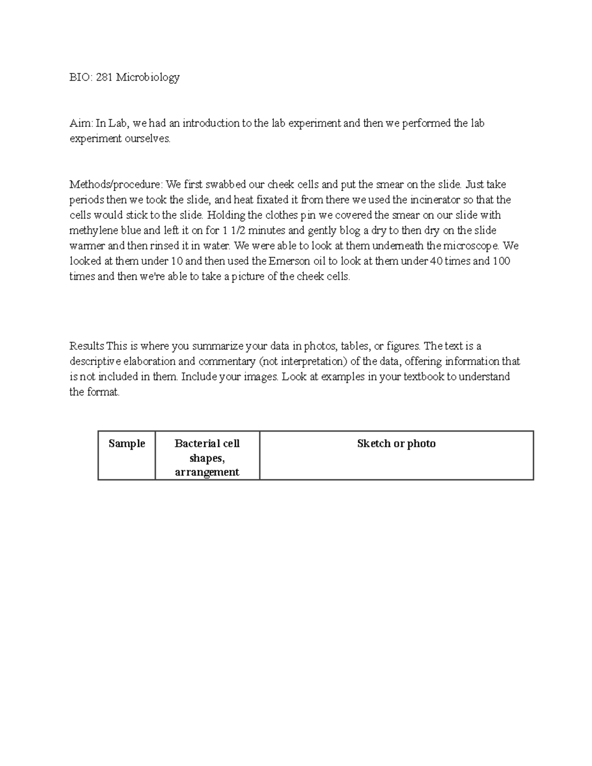 BIO: 281 Lab Report 1 - Cheek Cell Microscopy Experiment - Studocu