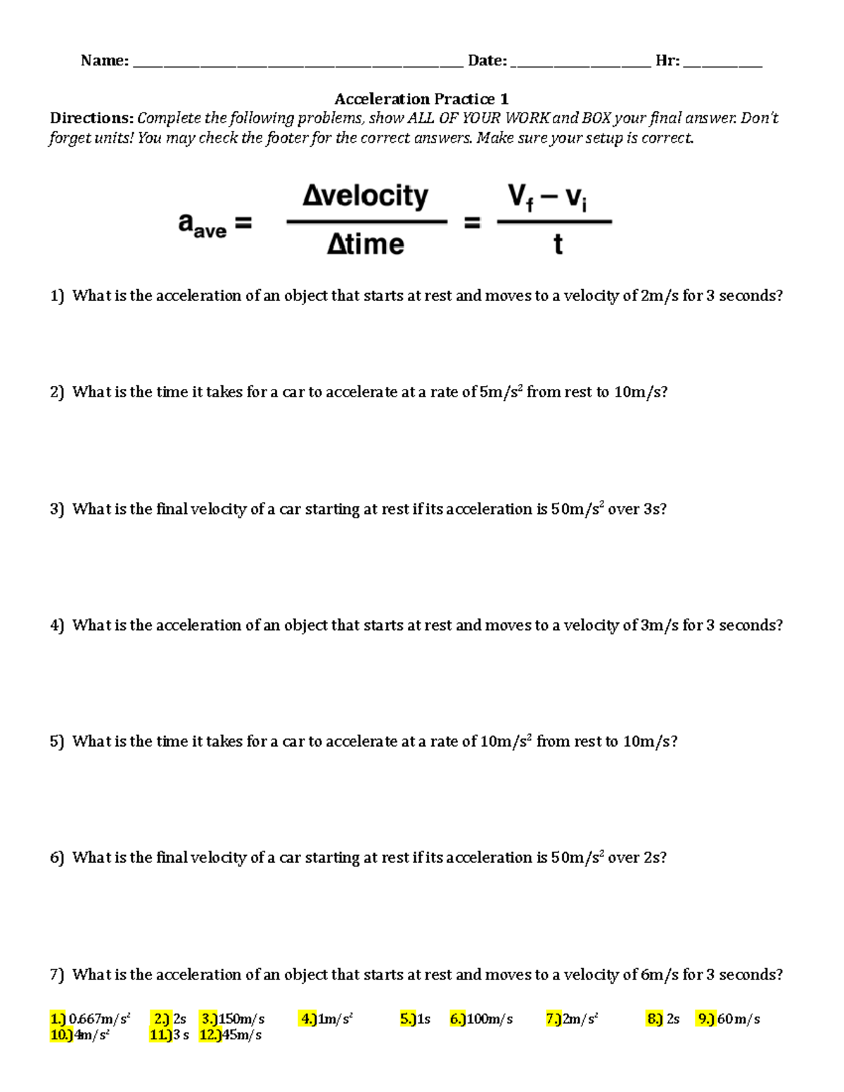 302 Intro Acceleration Practice Problems and Solutions - Studocu