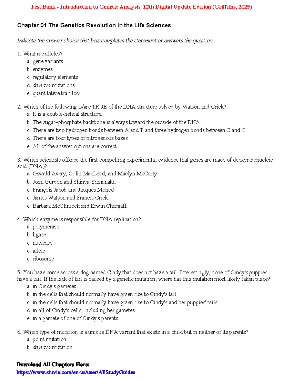 Test Bank for Introduction to Genetic Analysis (Griffiths, 2025 ...