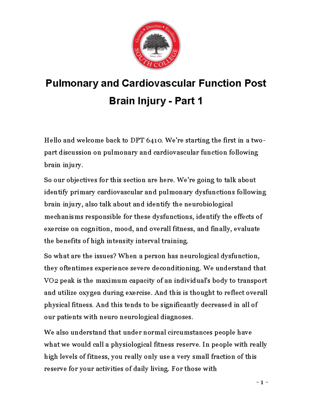 Pulmonary & Cardiovascular Function Post Brain Injury: DPT 6410 Part 1 ...