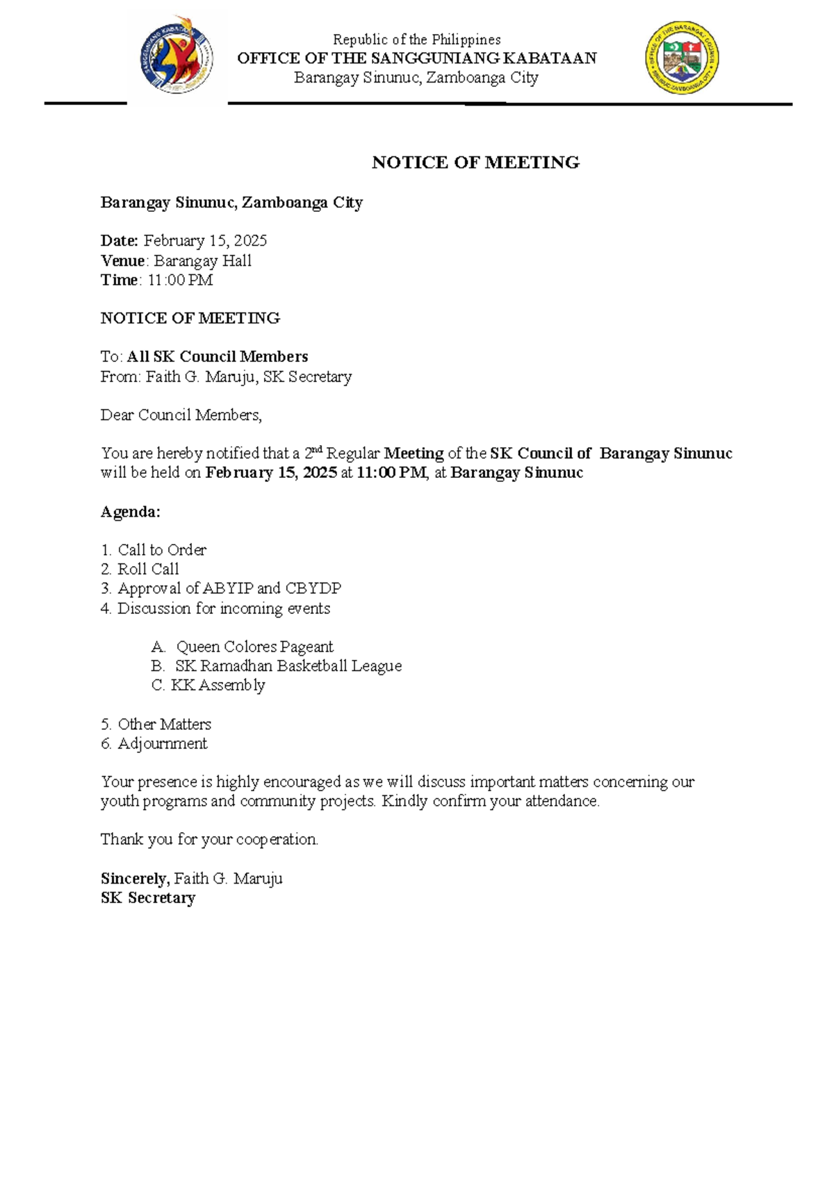 Notice Of Meeting - OFFICE OF THE SANGGUNIANG KABATAAN Barangay Sinunuc ...