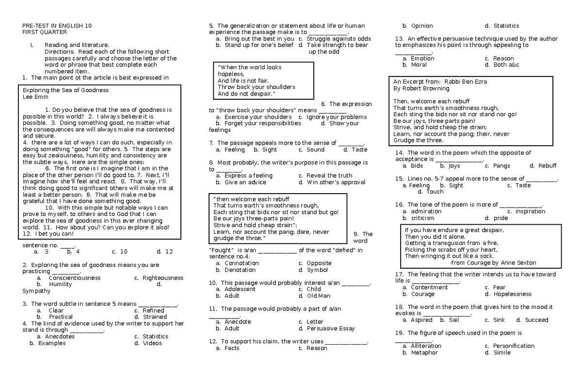 ENGLISH 10 PRE-TEST: 1ST Quarter Evaluation and Analysis - Studocu
