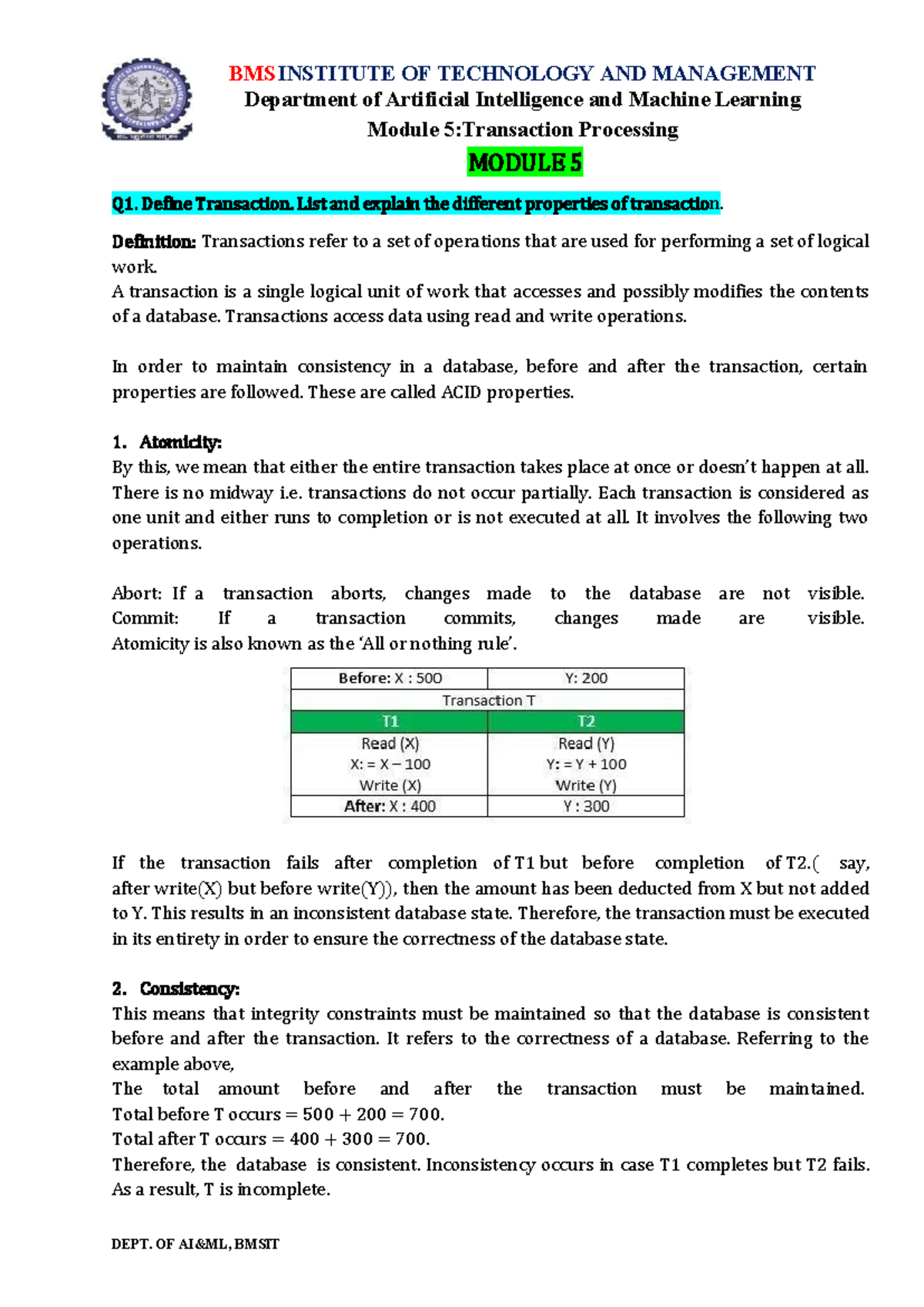 DBMS Module 5: Transaction Processing and ACID Properties - Studocu