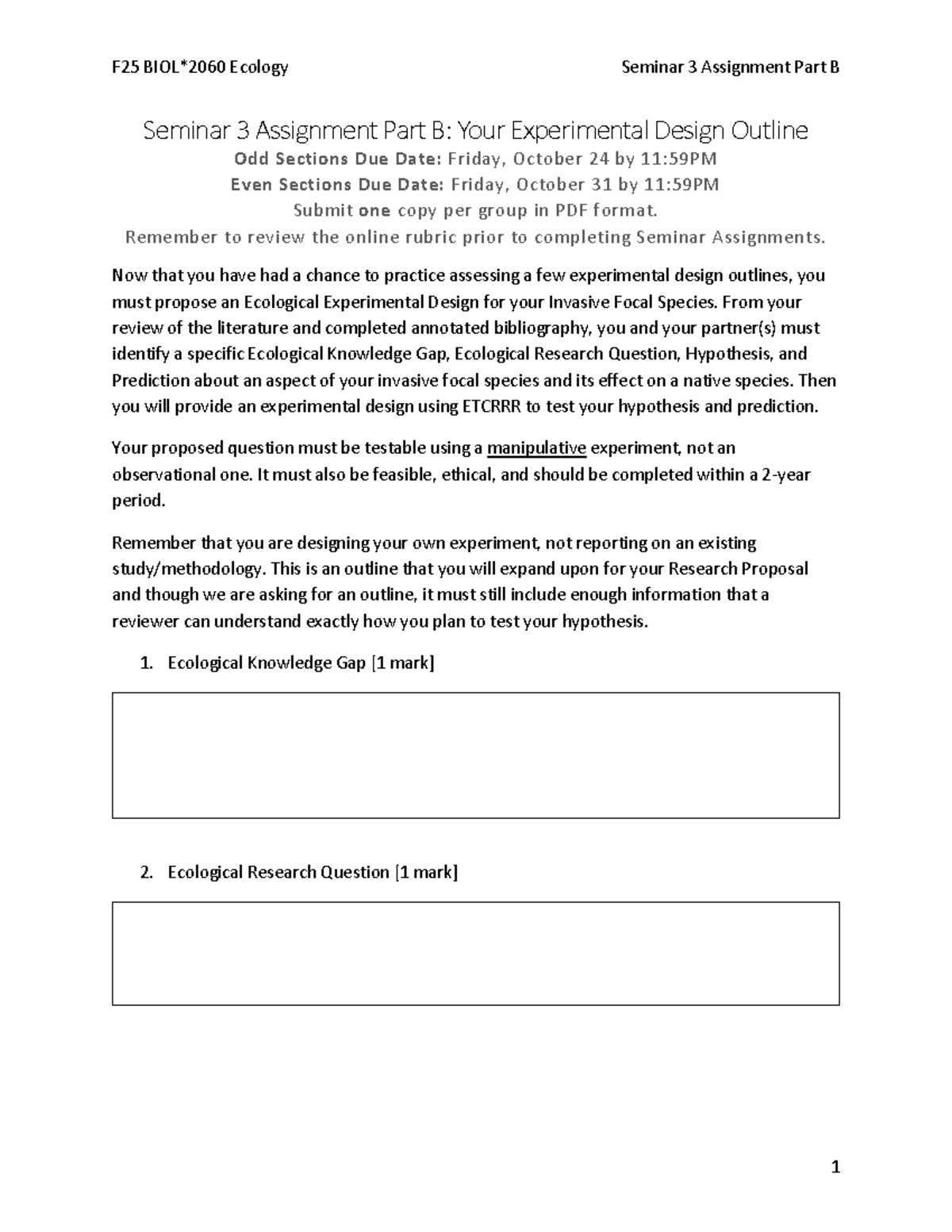 F25 Ecology Seminar 3 Assignment B: Invasive Species Design Outline ...