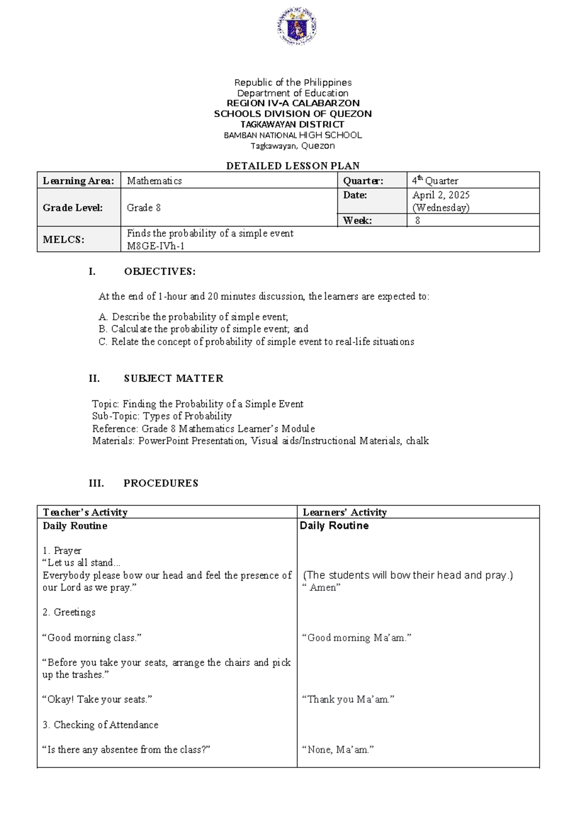 DLP Week 8: Finding Probability of Simple Events - Grade 8 Math - Studocu