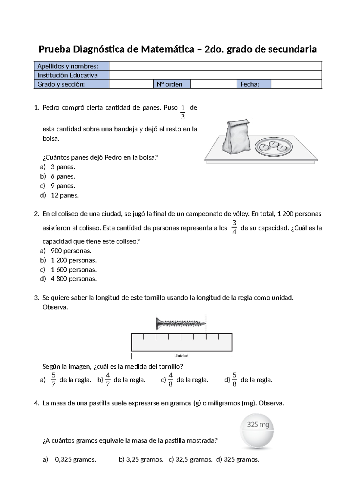 2° Prueba Diagnóstica de Matemáticas: Evaluación y Ejercicios - Studocu