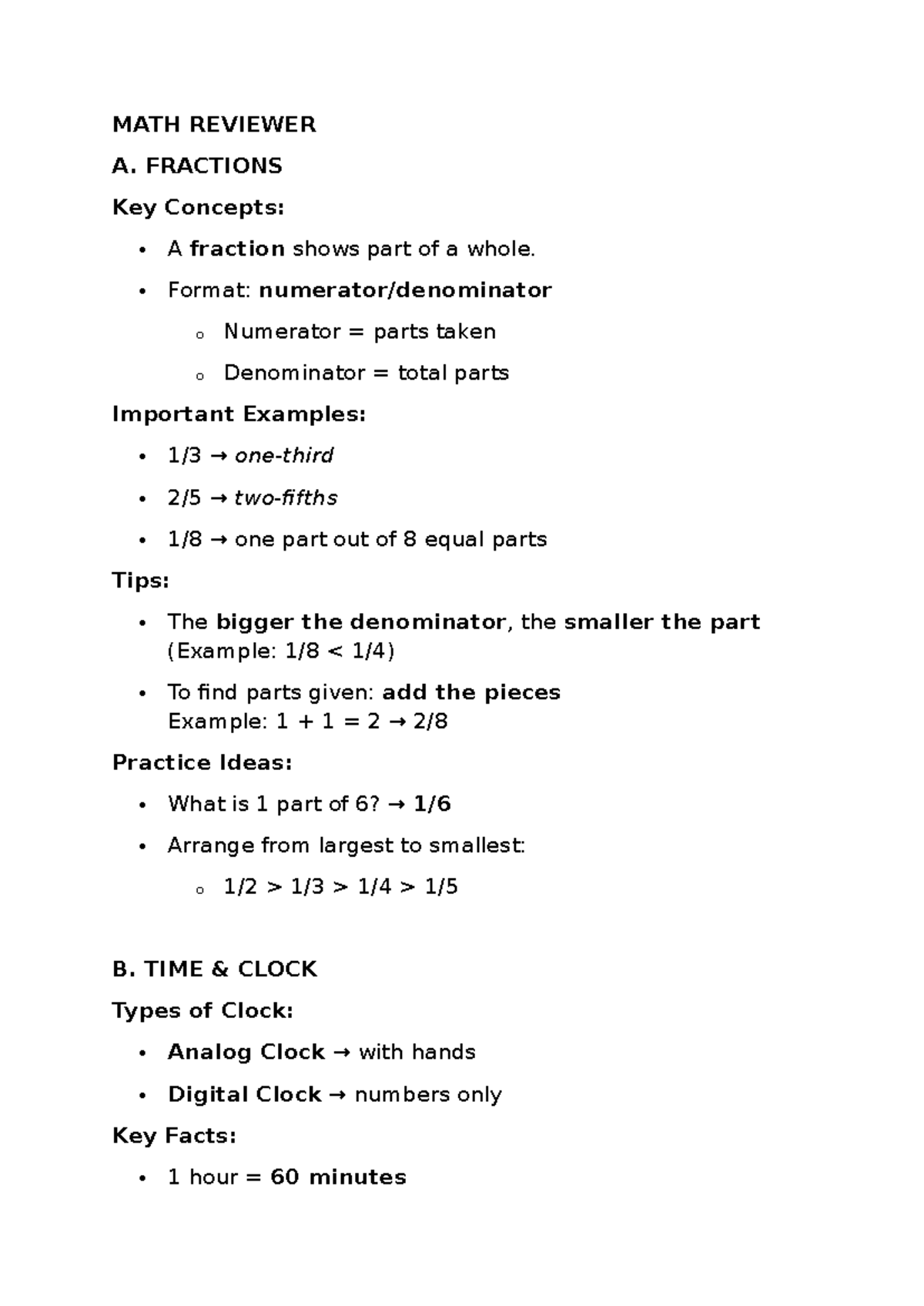 MATH 101: Comprehensive Reviewer on Fractions, Time, and Shapes - Studocu