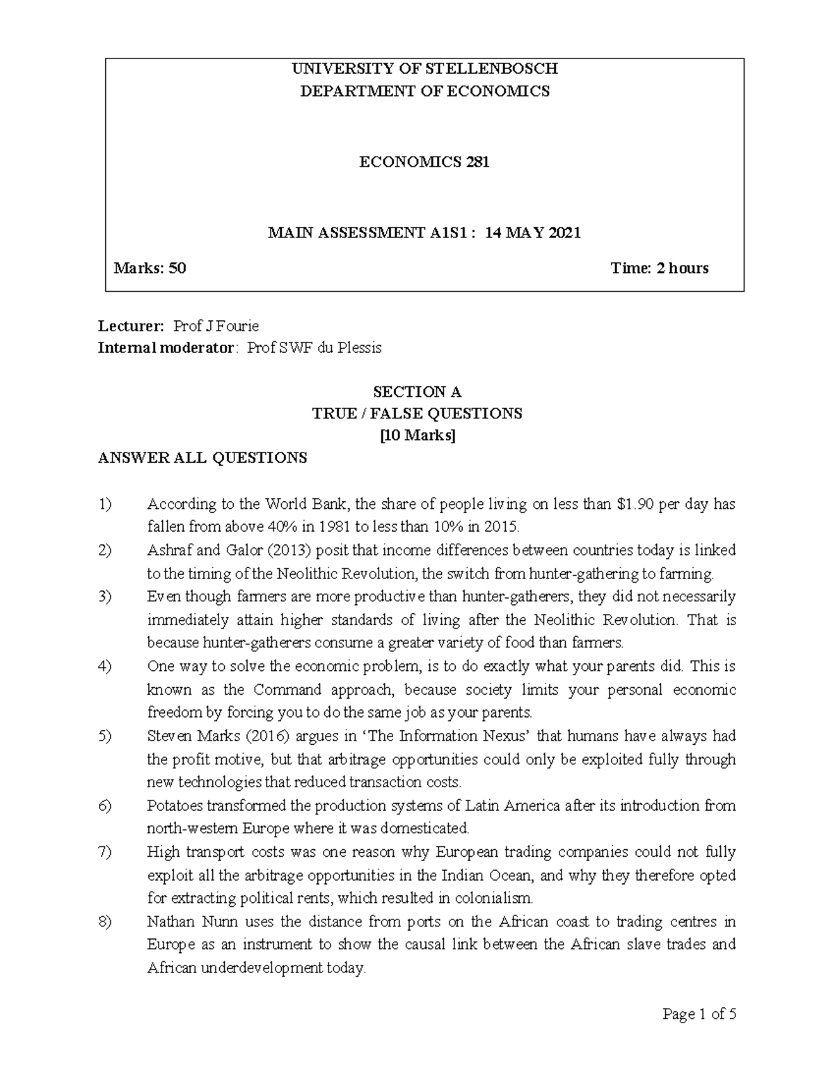 ECON 281: Main Assessment A1S1 Past Paper - 14 May 2021 - Studocu
