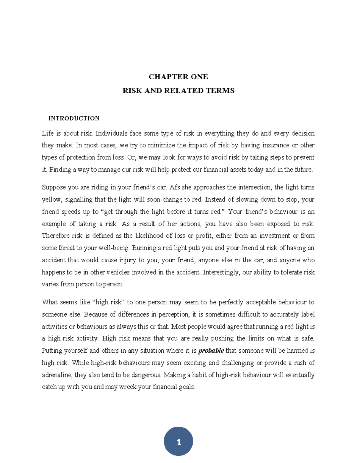Chapter ONE - give more information - CHAPTER ONE RISK AND RELATED ...