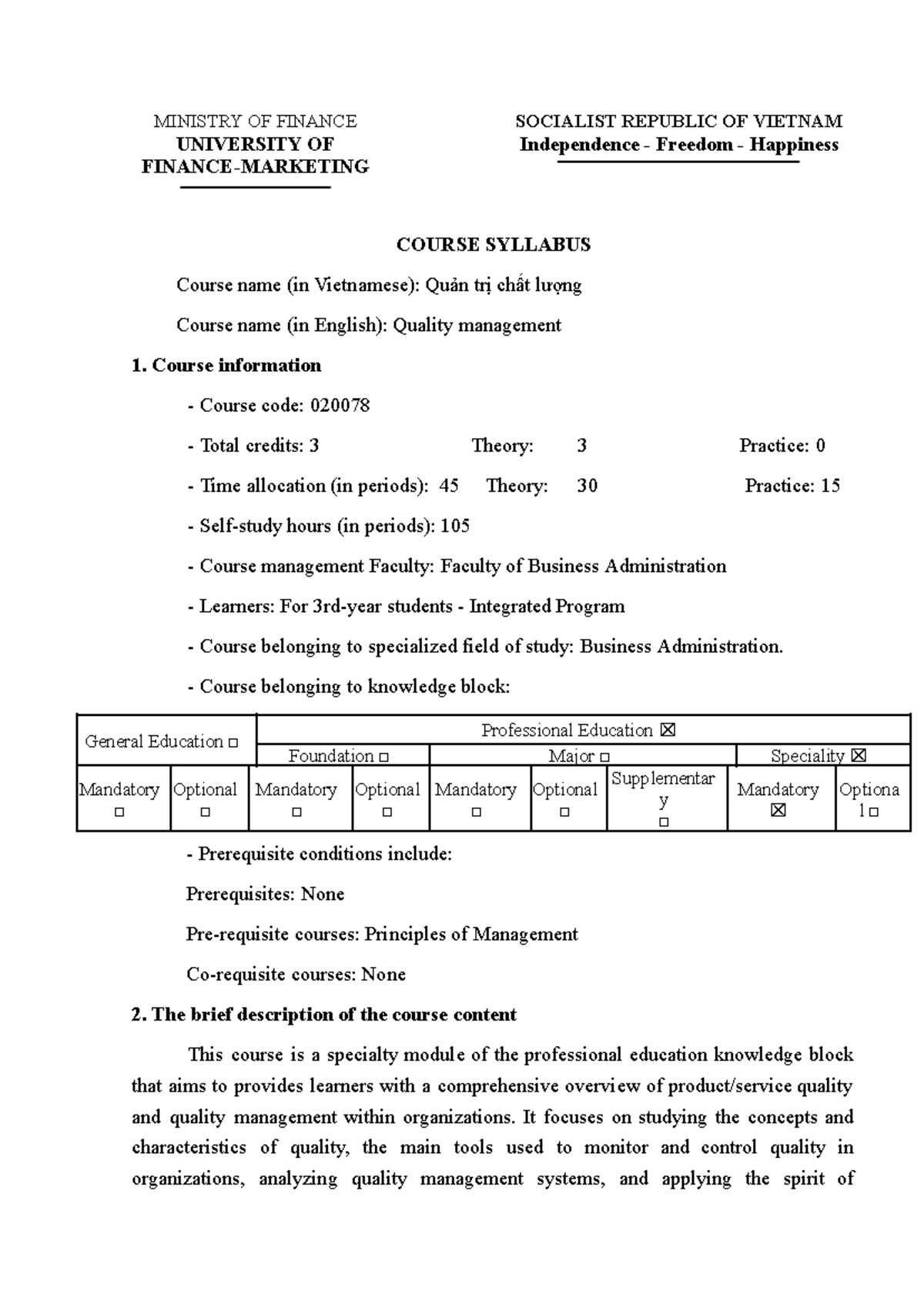 Quality Management Course Syllabus (020078) - Business Administration ...