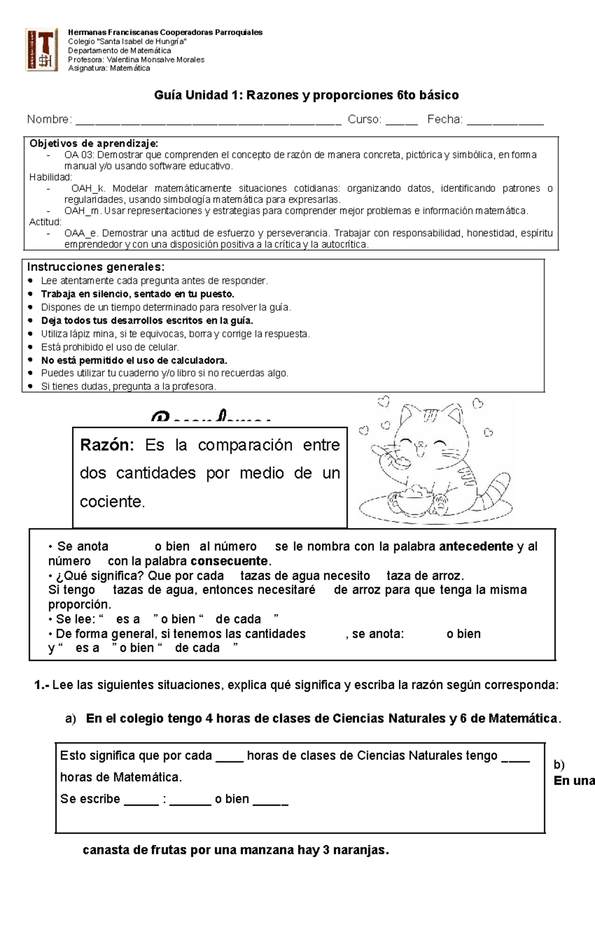 Guía de Matemática 6to Básico: Razones y Proporciones 2025 - Studocu