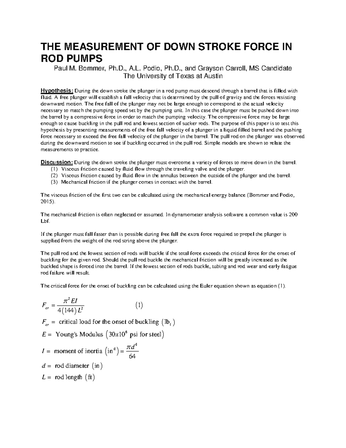 Measurements of Downstroke Rod Compression in Pumping Systems (ENG 301 ...
