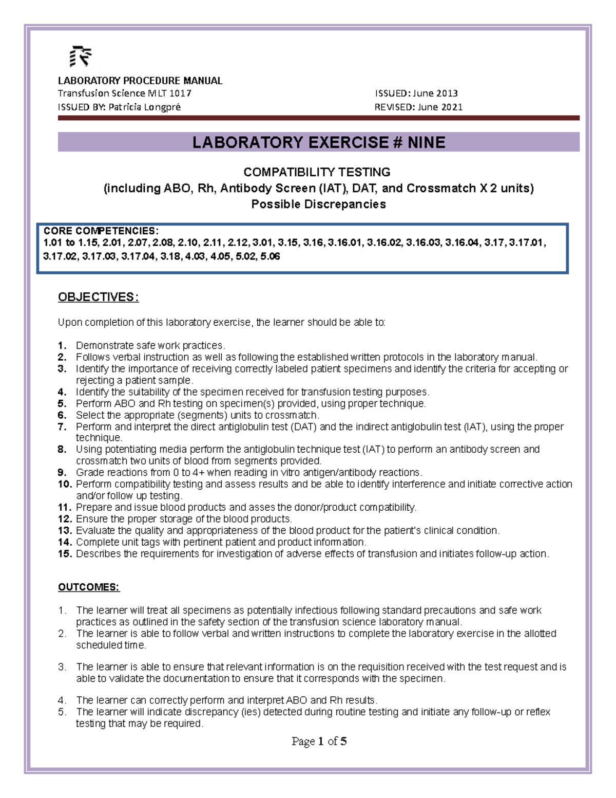 Laboratory Exercise # 9 Crossmatch x2 (revised) 3 prepared samples ...