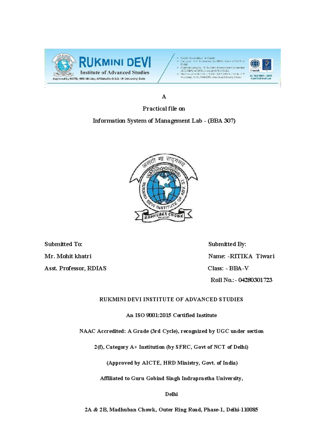 Information System of Management Lab Practical File (BBA 307) - Studocu