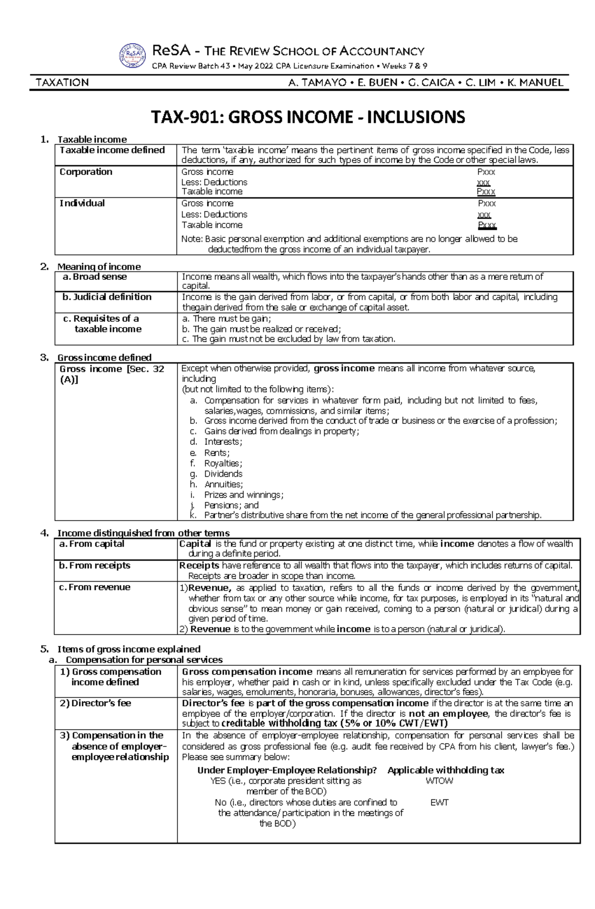 TAX-901: Gross Income Inclusions - Week 7 & 9 Overview - Studocu