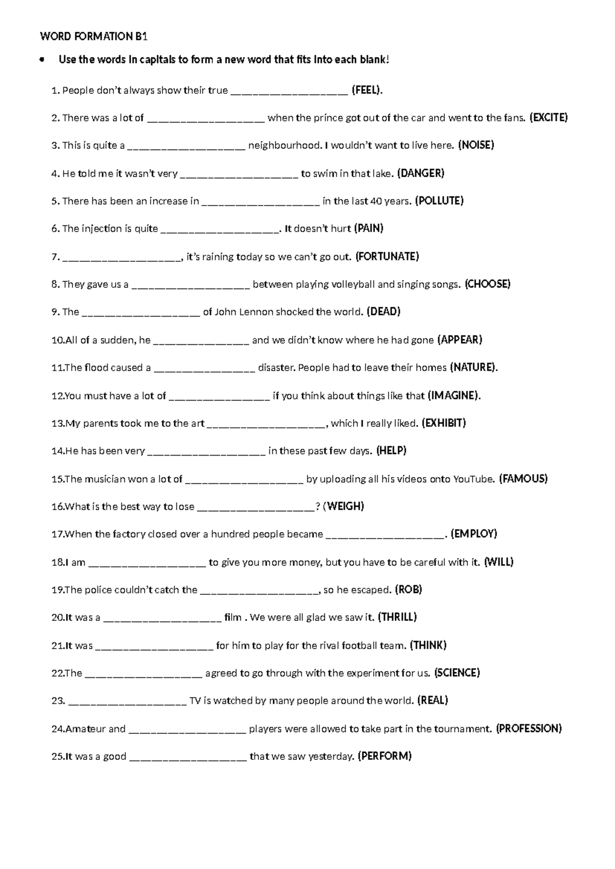 WORD FORMATION B1: Exercises on Word Creation from Given Roots - Studocu