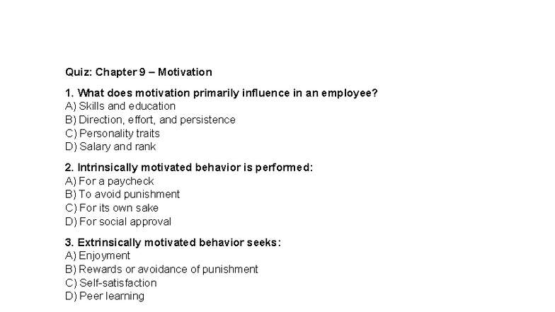 Quiz: Chapter 9 - Understanding Motivation Theories - Studocu