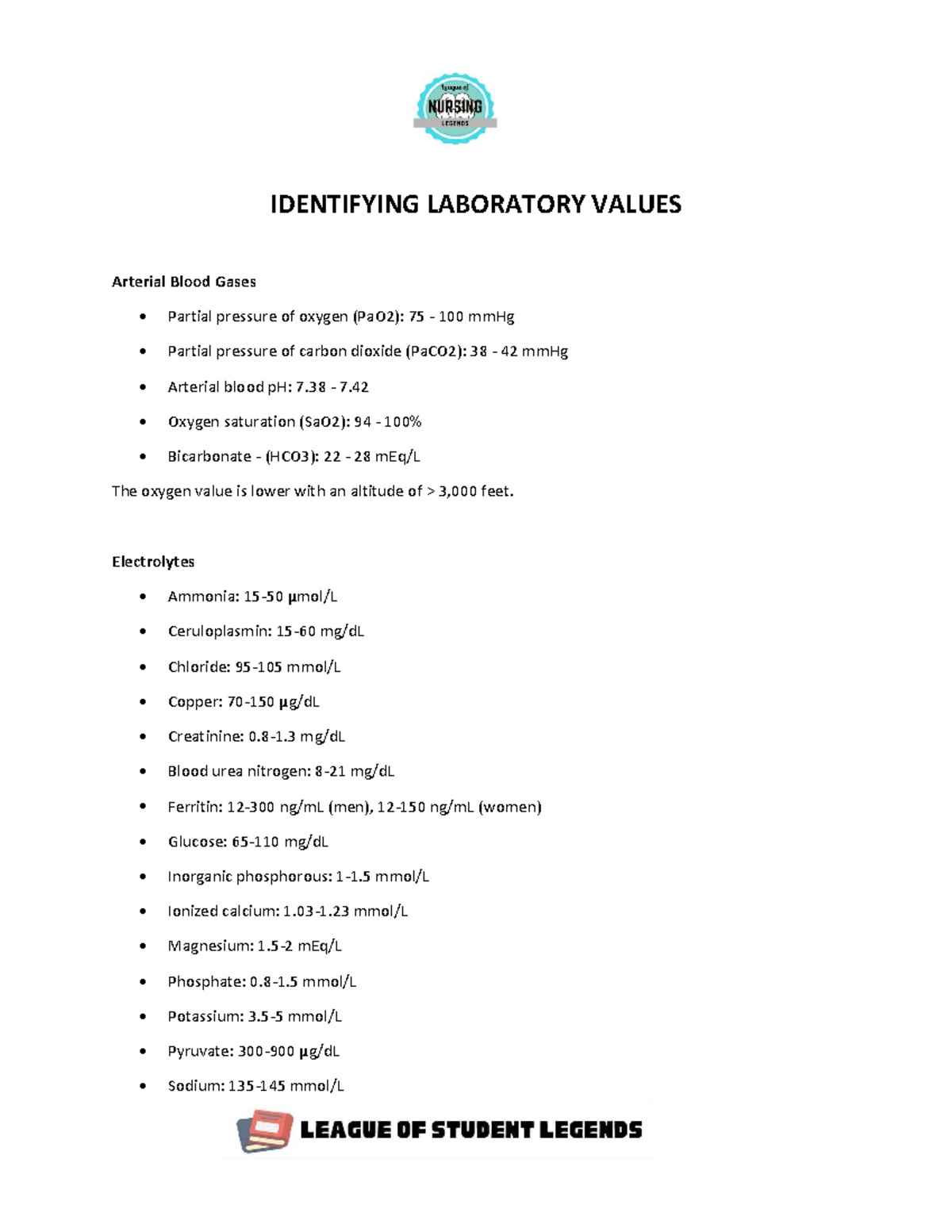 LAB- Normal Values: Comprehensive Guide to Laboratory Values - Studocu