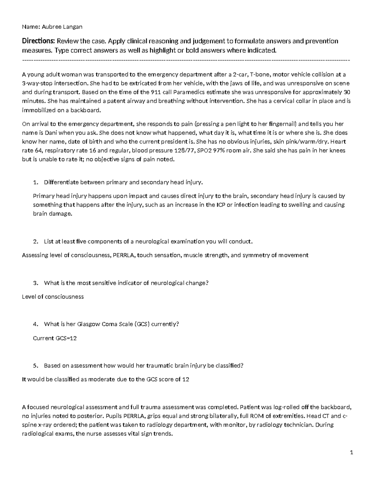 Case Study - Traumatic Brain Injury done - Name: Aubree Langan ...