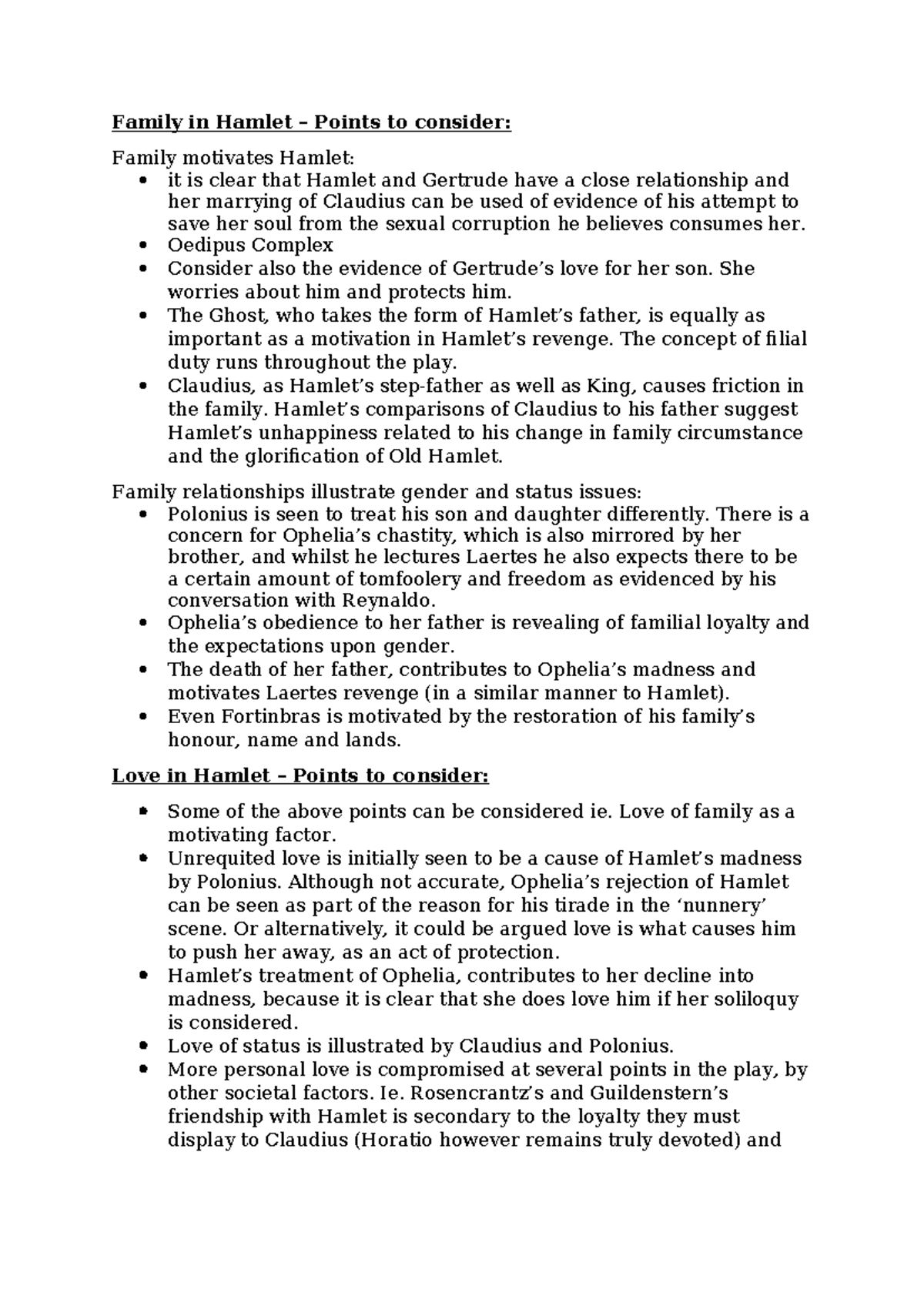 Family and Love Dynamics in Hamlet (ENG 101: Final Exam Notes) - Studocu