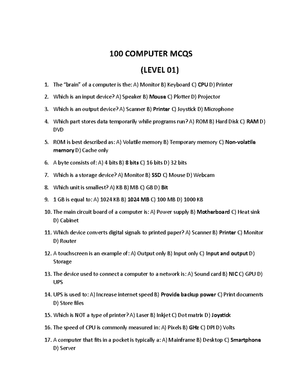 Navttc 100 Computer MCQs (Level 01) - Practice Questions - Studocu